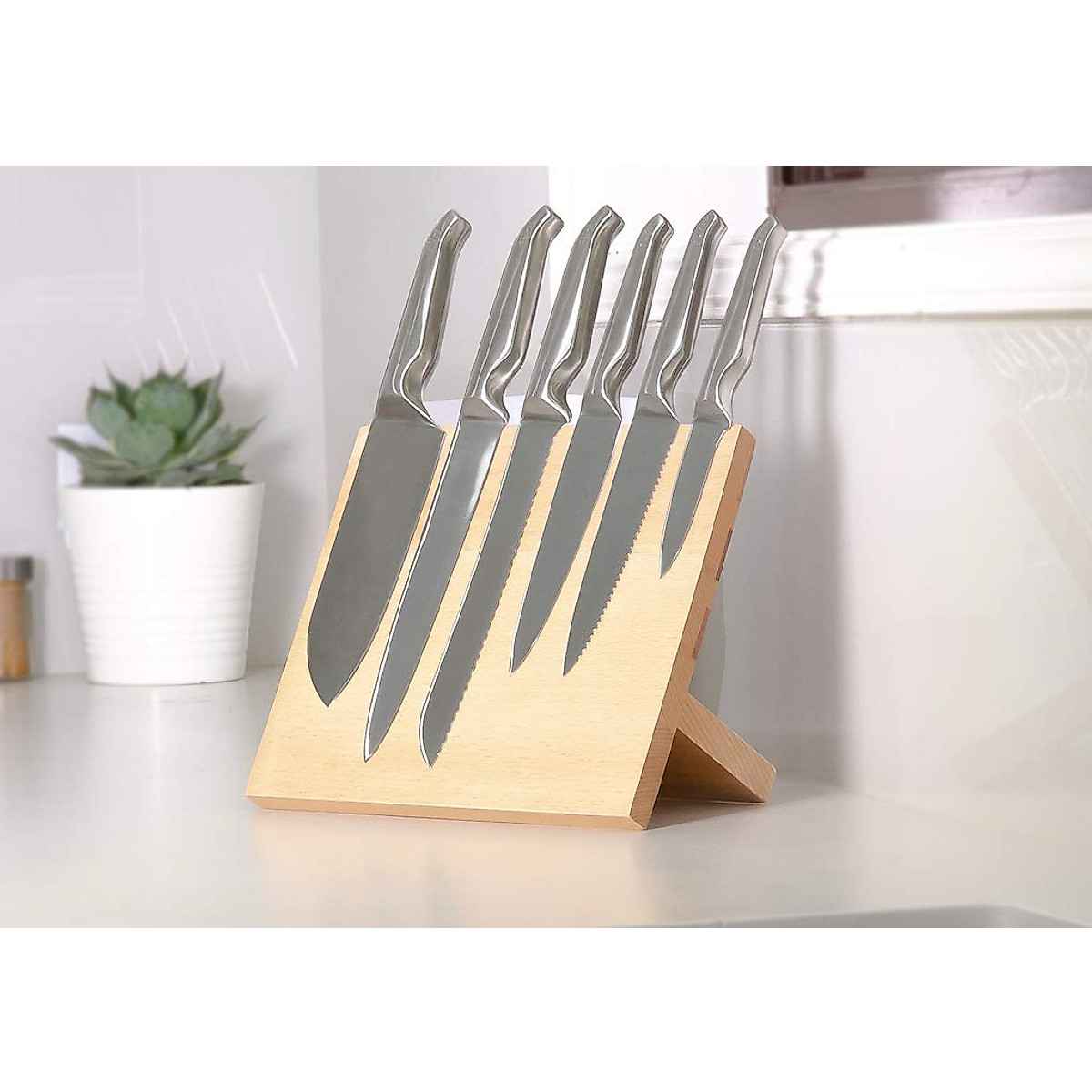 Beechwood Magnetic Knife Block, knife storage Holder stand, Knives organizer shelf rack with powerful magnetic, Large Capacity Kitchen Cutlery Display Stand (10 inch x 8.5 inch)