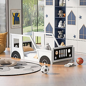 Merax Twin Size Classic Car-Shaped Platform Bed with Wheels, Wood Car Bed Frame for Boys, White