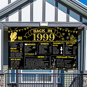 DARUNAXY 25th Birthday Black Gold Party Decoration, Back in 1999 Banner 25 Year Old Birthday Party Poster Supplies Vintage 1999 Backdrop Photography Background for Men & Women 25th Class Reunion Decor