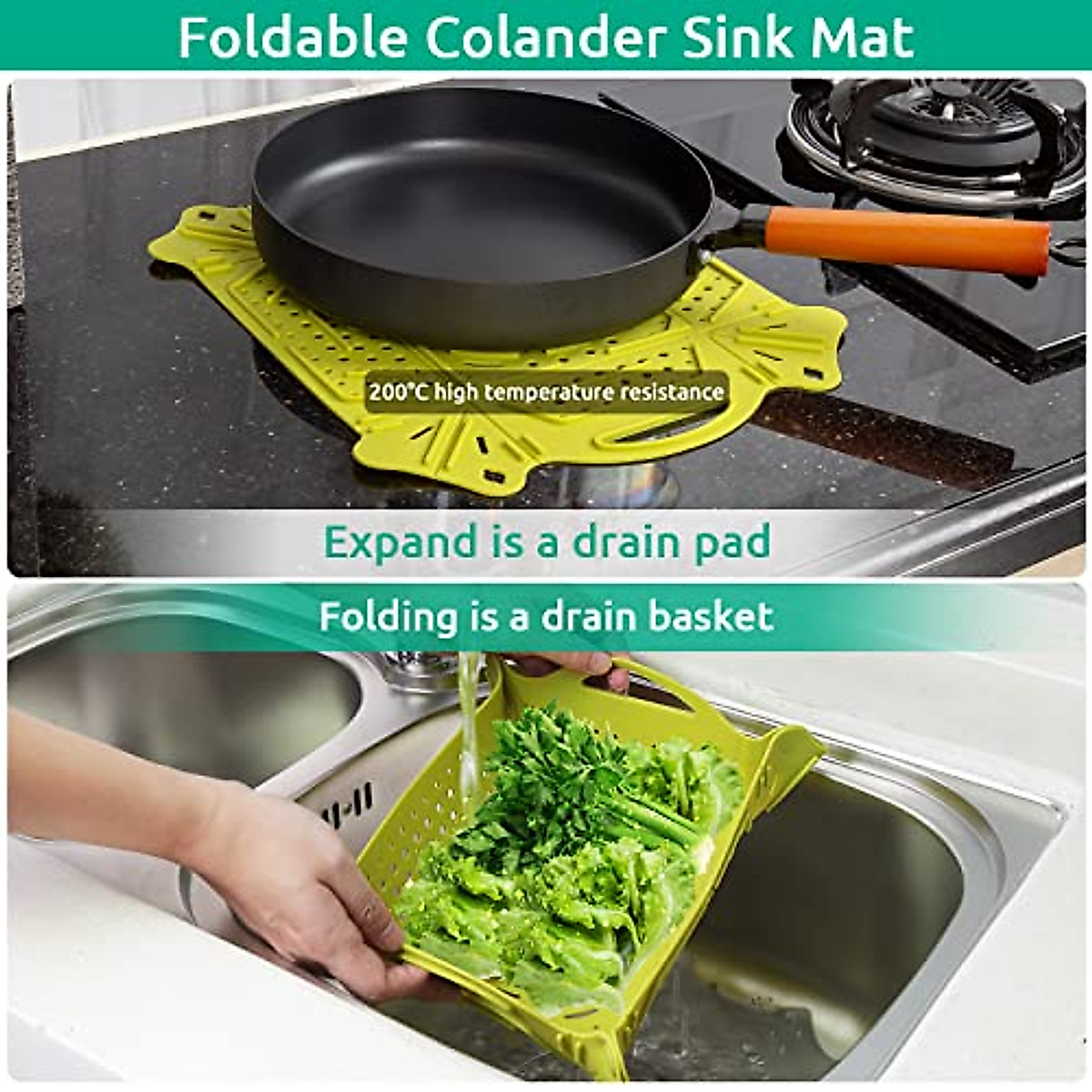 Silicone Trivet Mat, Hot Pot Holder Hot Pads for Table & Countertop, Teapot Trivet Kitchen Trivets, Dish Drying Mat, Non-Slip & Heat-Resistant Silicone Mat, Green 14.6"x12"