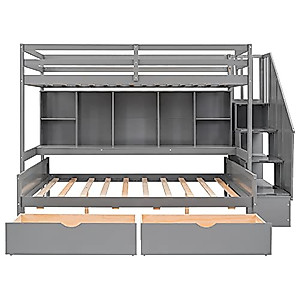 BIADNBZ Twin XL Over Full Bunk Bed with Built-in Bookshelves, Storage Drawers and Staircase, Sturdy Wood Bedframe w/Safety Guard Rail, for Kids Teens Adults,Gray