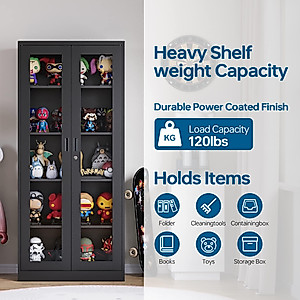 PEUKC Display Cabinet with Glass Doors, Curio Cabinets with 4 Adjustable Shelves, Locking Glass Cabinet Display Case for Home, Office, Clinic, Pantry, Assemble Required, Black