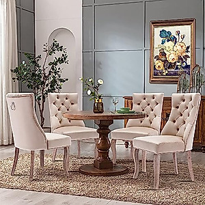 FOREDO Velvet Dining Chairs Set of 2, Upholstered Tufted Dining Chairs with Back Ring Pull Trim and Solid Wood Legs, Tan