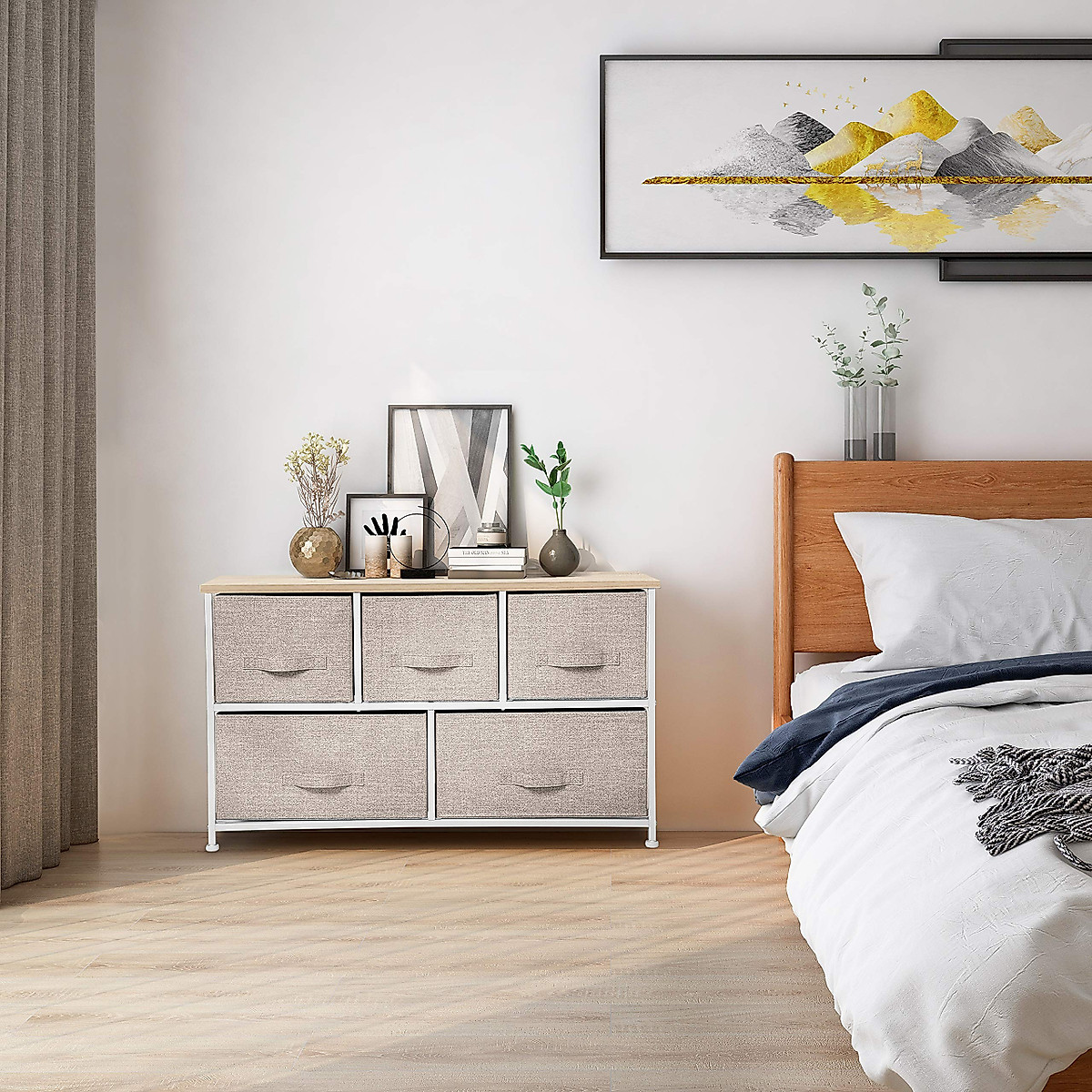 East Loft Extra Wide Dressers for Bedroom Cheap Closet Dresser for Nursery - Storage Dresser with 5 Fabric Drawers - Easy Assembly Small Dresser for Closet Kids Clothes Organizer (Beige)