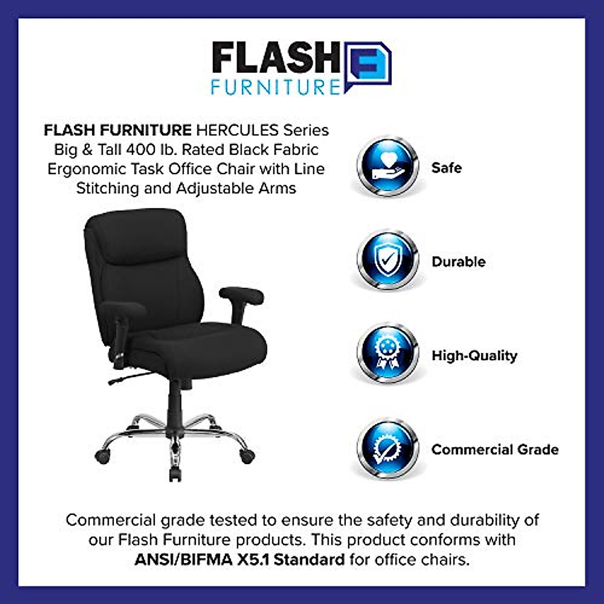 Flash Furniture HERCULES Series Big & Tall 400 lb. Rated Black Fabric Ergonomic Task Office Chair with Line Stitching and Adjustable Arms
