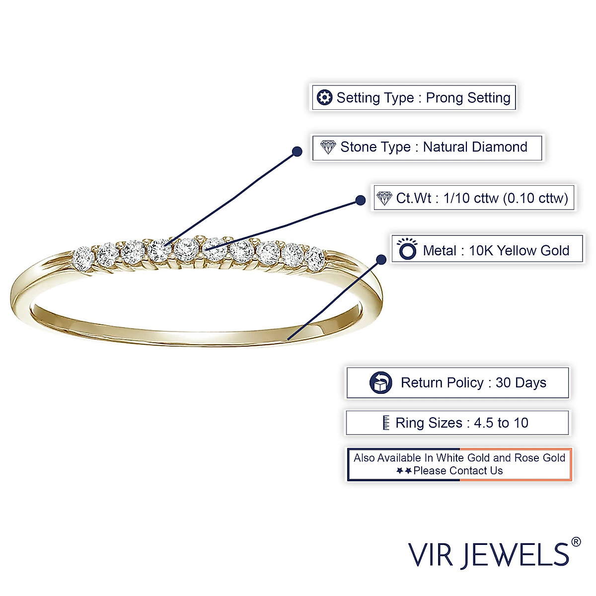 Vir Jewels 1/10 carat (ctw) Petite Diamond Wedding Anniversary Band for Women, Round Diamond Engagement Ring 10K Yellow Gold 10 Stones Prong Set 0.10 cttw, Size 9