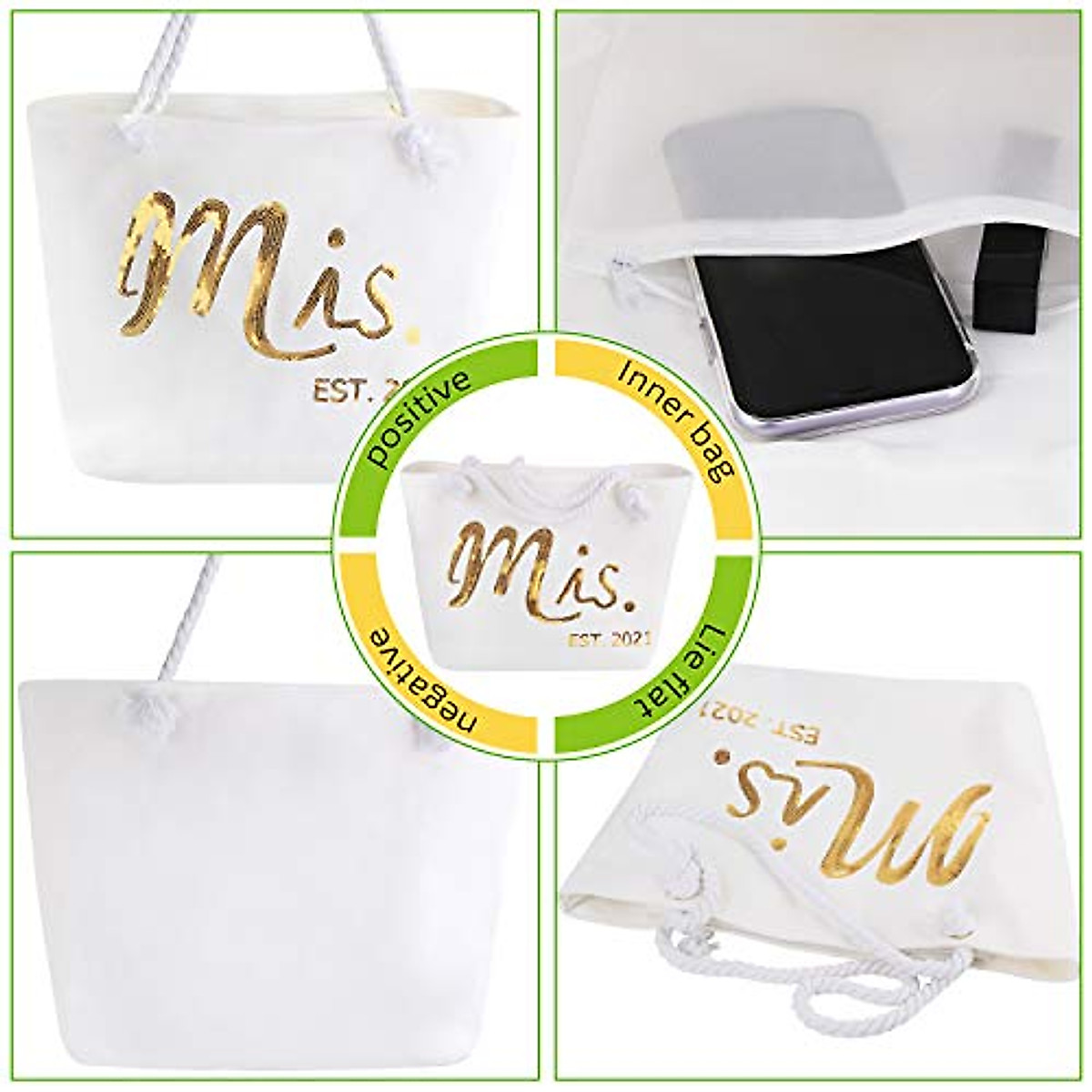Wifey Bride Tote Bag for Wedding with Zipper Mrs. EST. 2021 Large Beach Shoulder Bride Bag for Engagement with Gold Sequin Shower Honeymoon Gift White