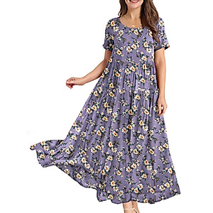 YESNO Women Casual Loose Bohemian Floral Dress with Pockets Short Sleeve Long Maxi Summer Beach Swing Dress 2XL EJF CR08 Purple