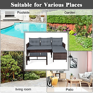 COSTWAY 3PCS Patio Wicker Rattan Sofa Set Outdoor Sectional Conversation Set Lawn Garden Gery