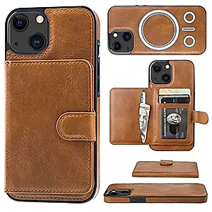 Bocasal Wallet Case for iPhone 13 Compatible with MagSafe Magnetic RFID Blocking Detachable Premium PU Leather Flip Case with Card Slots Holder Kickstand Wireless Charging 6.1 Inch (Brown)
