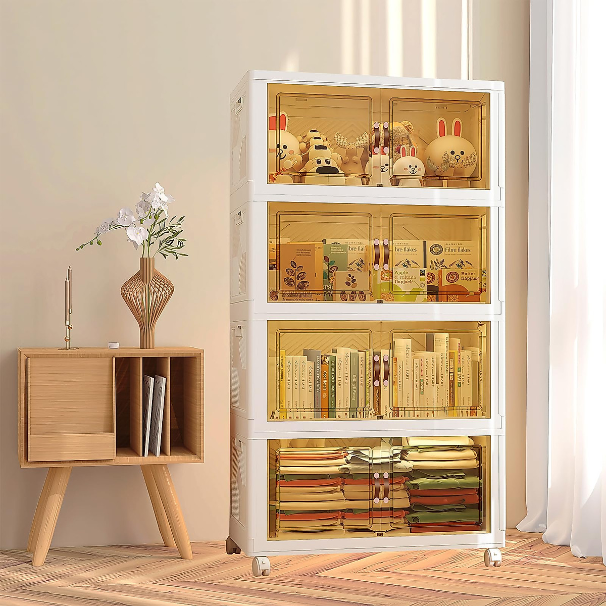 Jacriah Plastic Storage Bins, 4-Layer Foldable Storage Boxes with Doors for Closet Organizer, 16 Gallon Collapsible Storage Bin with Lid and Wheels, Stackable Storage Drawer, Storage Cabinet Container