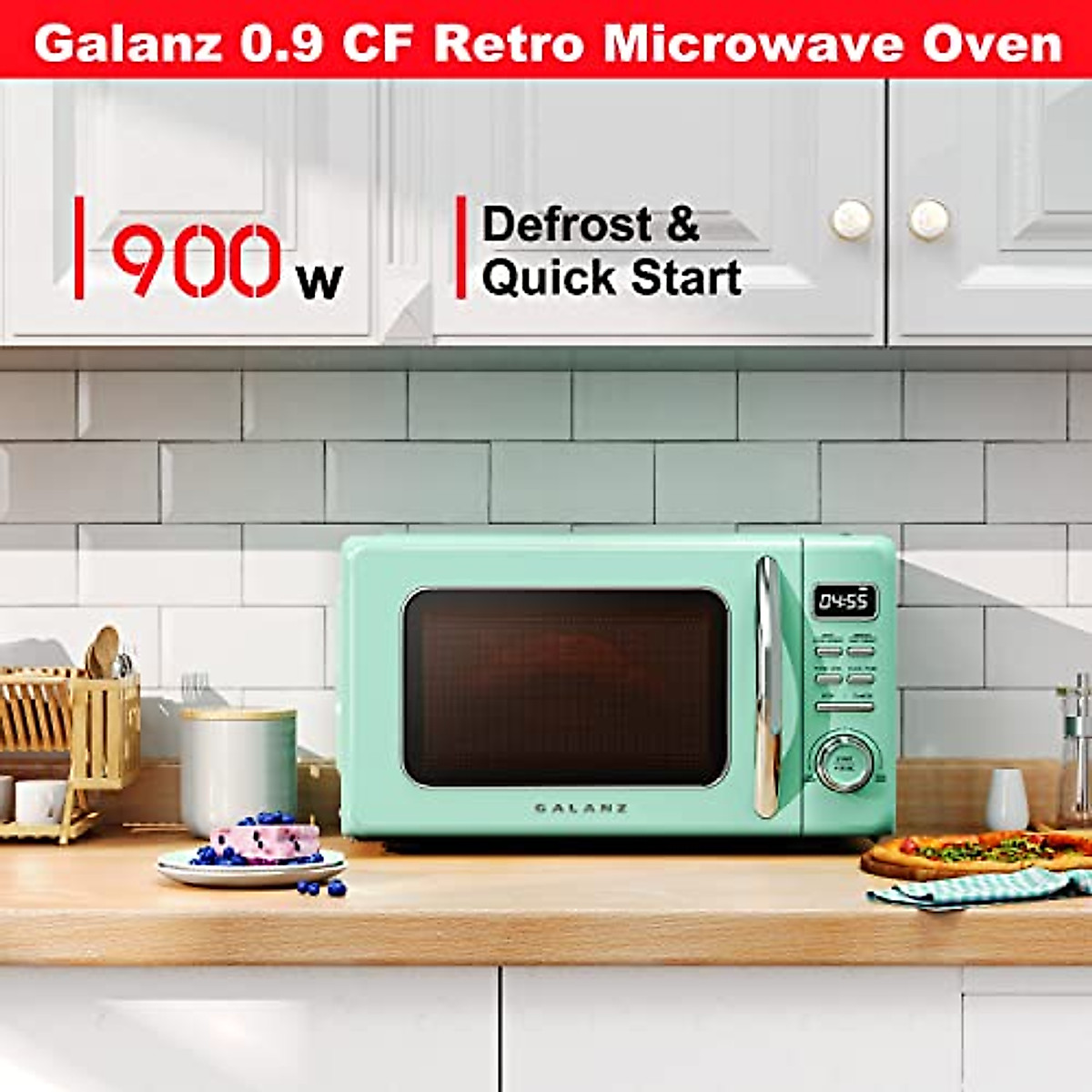 Galanz GLCMKZ09GNR09 Retro Countertop Microwave Oven with Auto Cook & Reheat, Defrost, Quick Start Functions, Easy Clean with Glass Turntable, Pull Handle.9 cu ft, Green