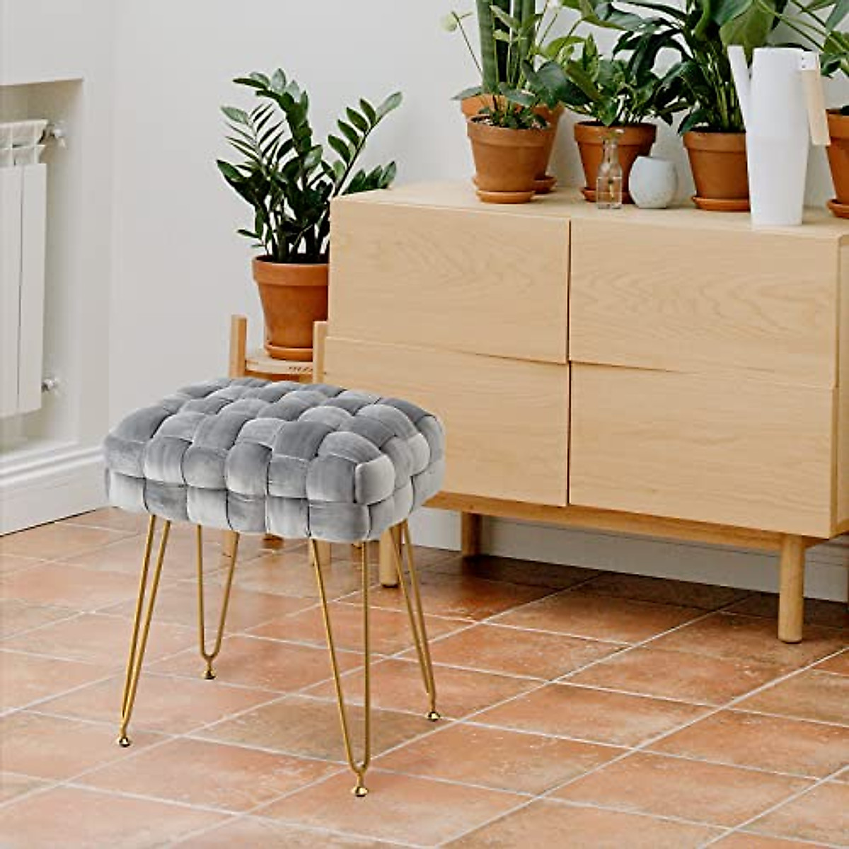 LUE BONA Vanity Stool Footrest, Light Grey, Leather