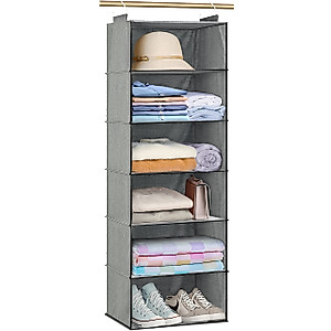 SLEEPING LAMB 6 Shelves Jumbo Hanging Closet Organizer and Storage, Hanging Clothes Organizer for Sweaters, Blankets and Coats in Wardrobe, Bedroom, Living Room, Grey