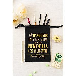 MEJOY 10 Pcs Bridal Shower Party Gift Bags, Black 5x7 Inch GOLD Foil "HANGOVERS", Bachelorette Hangover Kit Bags, Cotton Recovery Kit Bags Muslin Drawstring Bag for Bridal Shower Wedding Party Gift Decoration