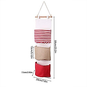 Hztyyier 3 Pockets Linen Storage Bag Hanging Door Closet Organizer Decoration for Room(Red)