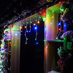 YASENN 100LED 9.9Ft Icicle Lights,8 Modes String Lights,Icicle Style Lights with Timer,Connectable Fairy Lights for Wall Eave Roof Porch Garden Christmas Decoration (Clear Cable Multicolor LED)