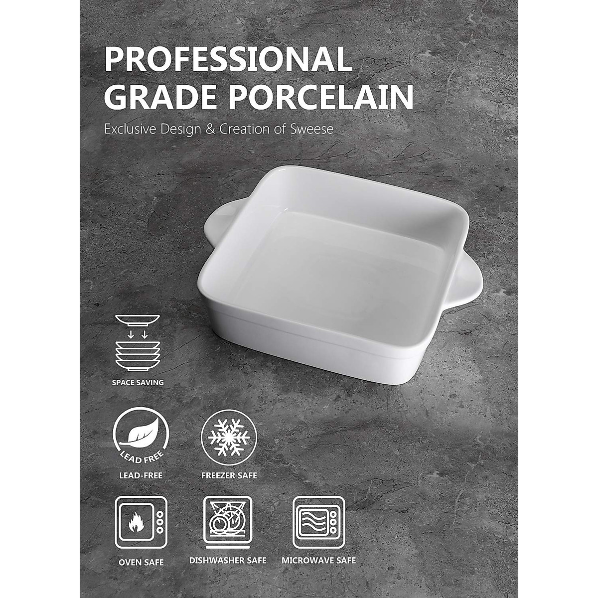 Sweese 8x8 inch Square Porcelain Baking Dish with Double Handles - Non-Stick Oven Casserole Pan for Brownie, Lasagna, Roasting - Great for Serving or Cooking