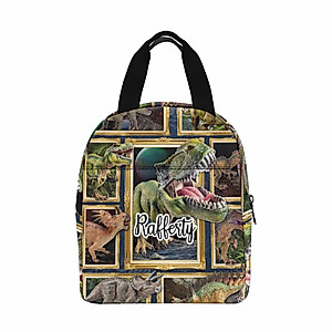 InterestPrint Personalized Dino Lunch Box Bag Custom 3D Print Dinosaur Lunch Tote Bags with Name Customized Lunchbox Bag for Men Women