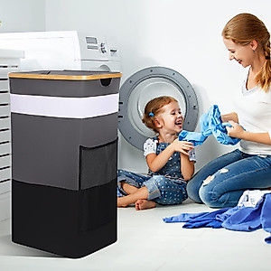 Laundry Hamper with Lid Large Clothes Basket with Bamboo Handles and Removable Bag Tall Foldable Laundry Basket for Bedroom, Bathroom, Dorm, Laundry Room(100L)