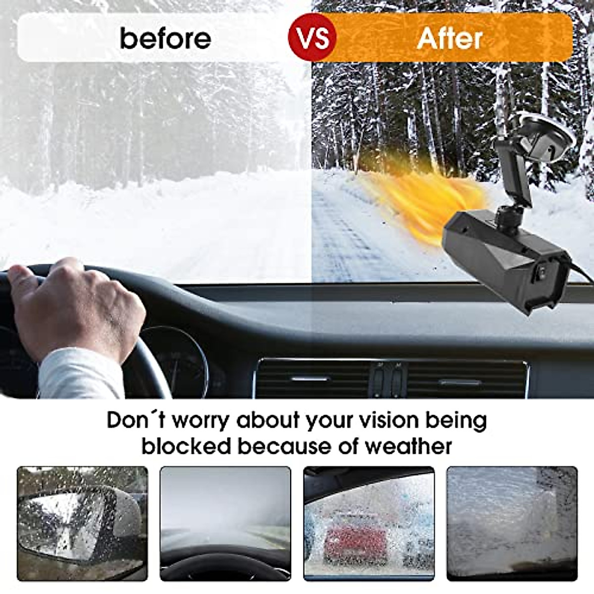 Kqiang 2 In1 Portable Car Heater Defroster,Plug in Defogger & Defroster 12V 150W 360 Degree Rotatable Car Electric Heating Cooling Fan with Suction Cup for Car Windshield for All Cars