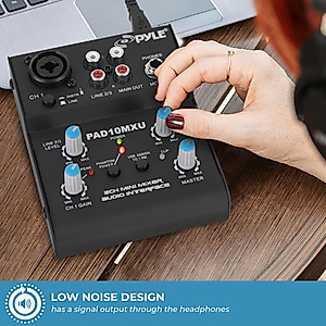 Pyle 2-Channel Audio Mixer - DJ Sound Controller Interface with USB Soundcard for PC Recording, XLR and 3.5mm Microphone Jack, 18V Power, RCA Input and Output for Professional and Beginners - PAD10MXU