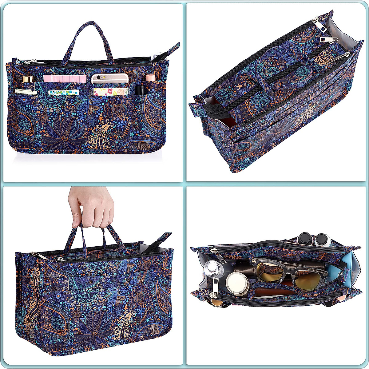 BTSKY Printing Handbag Organizers Inside Purse Insert - High Capacity 13 Pockets Bag Tote Organizer with Handle(Blue Lotus)