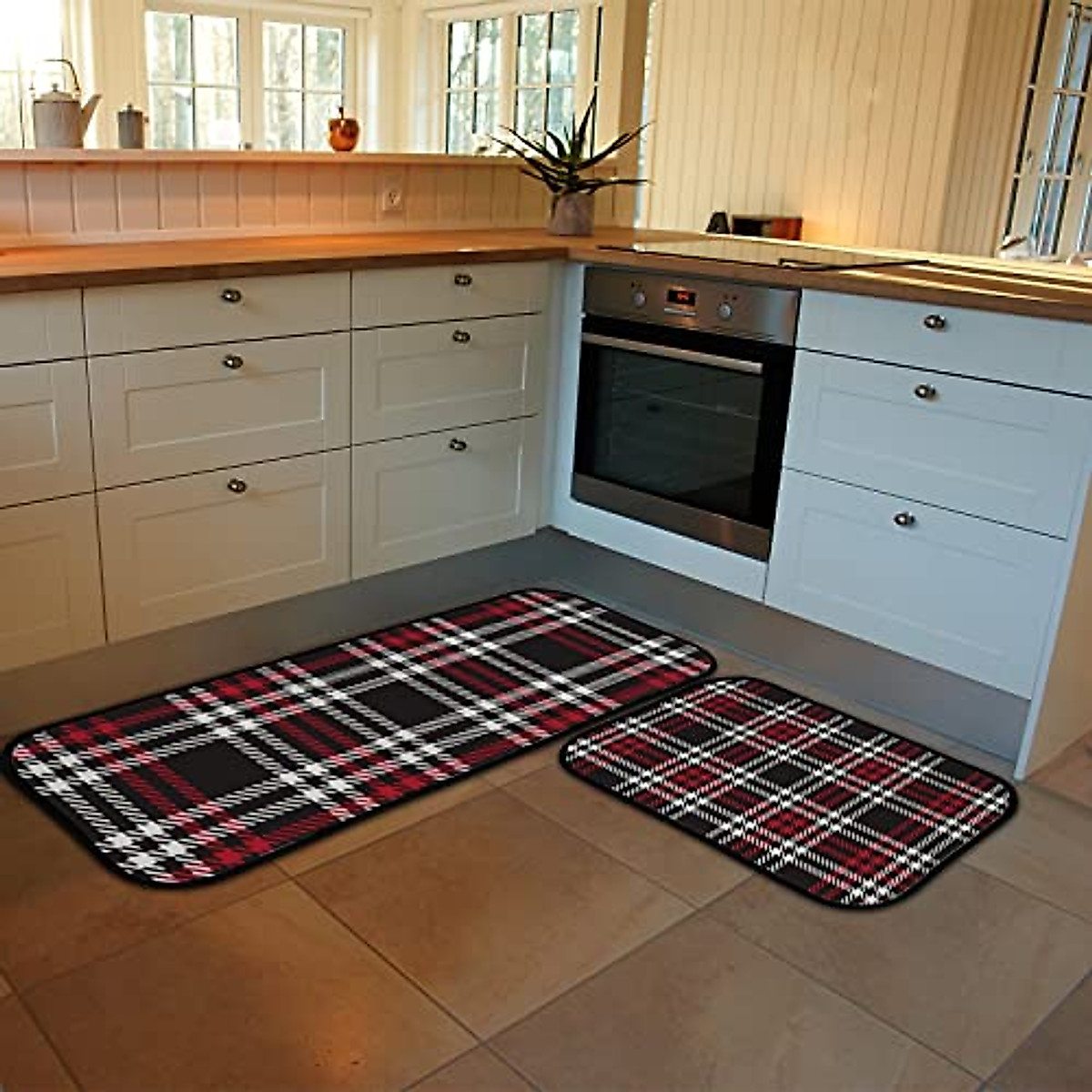 Vantaso Kitchen Floor Mat Rug Red Plaid Checkered Tartan Set of 2 Cushioned Non-Slip Comfort Runner Rugs