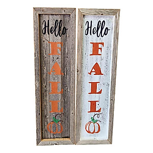 Rockin' Wood Hello Fall Sign for front porch or hanging decor, autumn Thanksgiving sign fall decor, made in the USA with real reclaimed wood, fall harvest decorations (White)