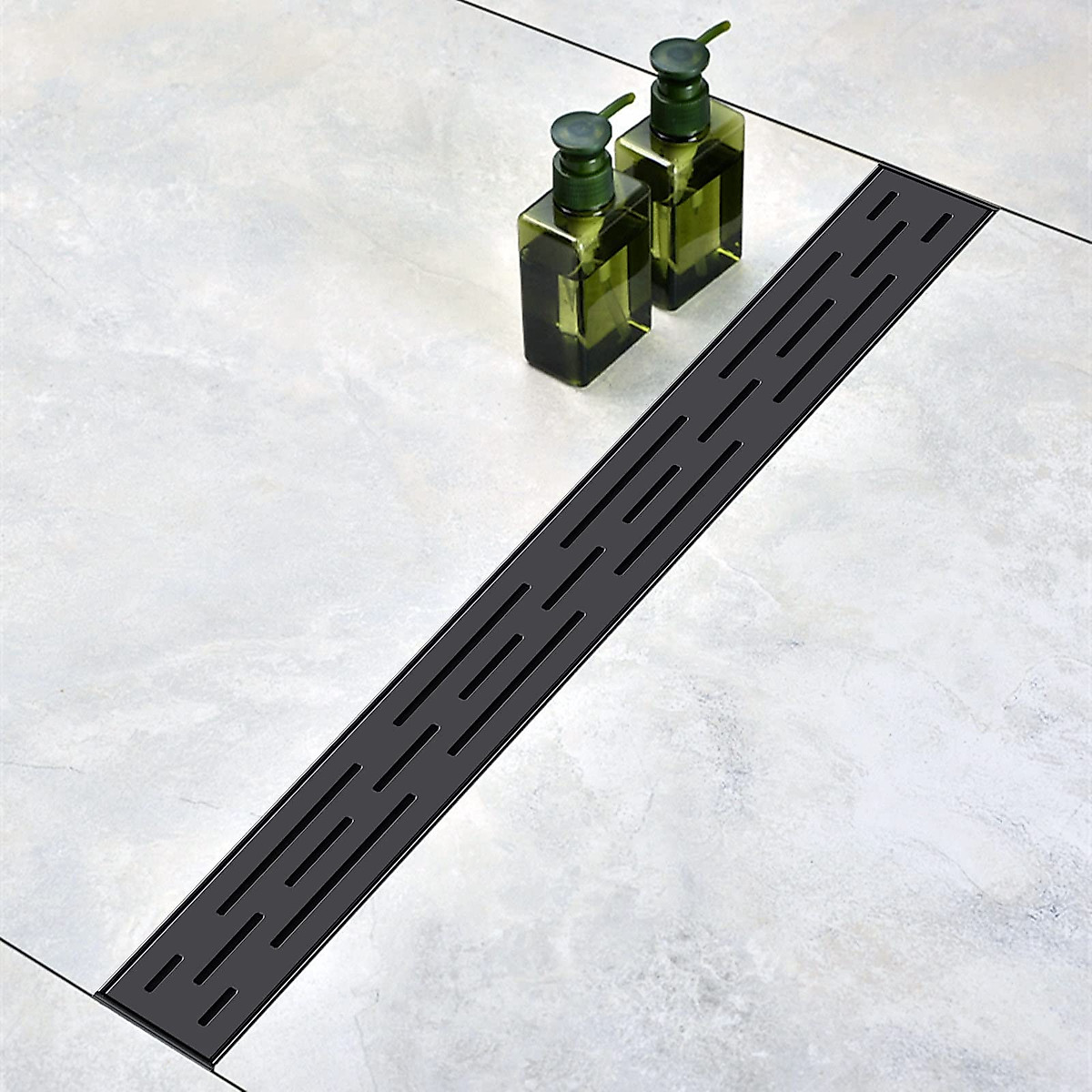 BARONAGE 24 Inch Linear Shower Drain - Rectangular Bathroom Shower Floor Drain with Brickwork Pattern Grate, AISI 304 Included Adjustable Feet Threaded Adapter Hair Strainer Matte Black CUPC Certified
