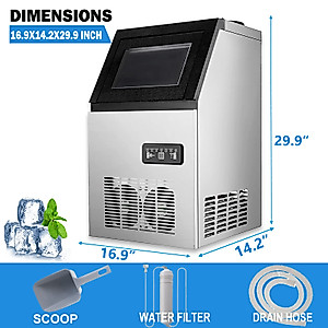 Topdeep Commercial Ice Maker Machine 110LBS/24H with 33LBS Storage Capacity, Stainless Steel Freestanding Ice Machine Automatic Operation- Ideal for Home, Restaurants, Bars Ice Making