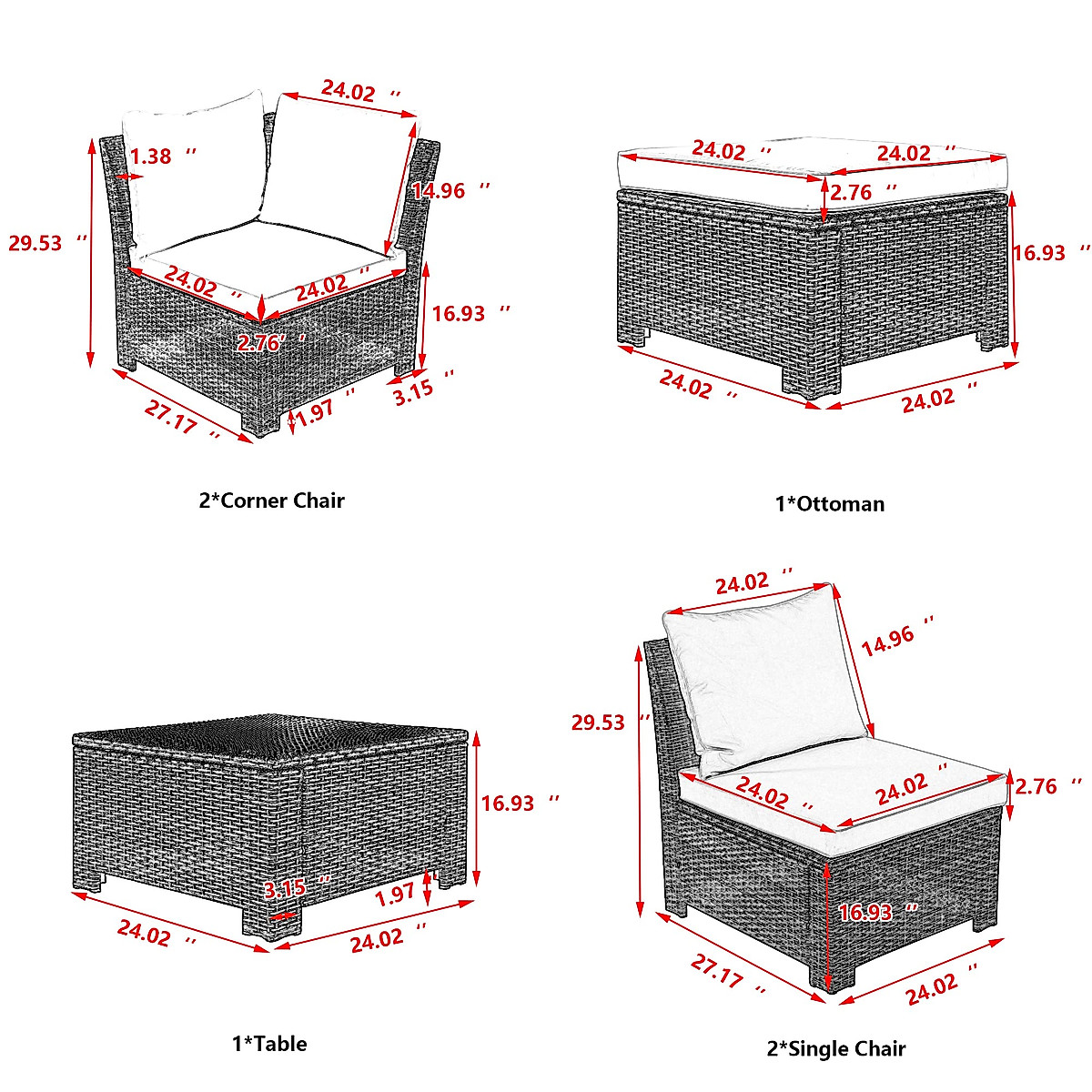 All Weather Outdoor Patio Rattan Sofa Set, 6-Piece UV Resistant PE Wicker Sectional Conversation Furniture Set with 2 Corner Chairs, 2 Single Chairs, 1 Ottoman and 1 Storage Table, Thick Cushions