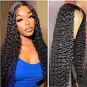 Manorshen Deep Wave Lace Frontal Wigs Brazilian Virgin 13x4 Lace Front Deep Curly Wave Glueless Brazilian Hair Wet Wavy Human Hair Lace Front Wig With Baby Hair (Nature Black Deep 13x4, 18 Inch)