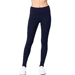 Khanomak Women's Waist Banded| Fold Over Waist & Fitted Long True Navy Yoga Pants Large
