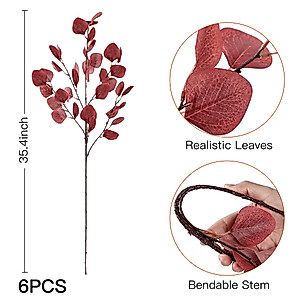 Sggvecsy Artificial Eucalyptus Leaves, 6 Pieces, 35.43 Inch Long, Red Color, Plastic and Silk Material, Easy to Bend and Adjust