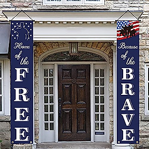Patriotic Soldier Porch Sign Banners -“HOME of the FREE” and “Because of the BRAVE”- 4th of July Decor - American Flag Hanging Banner for Independence Day/ Memorial Day/ Veterans Day/ Labor Day