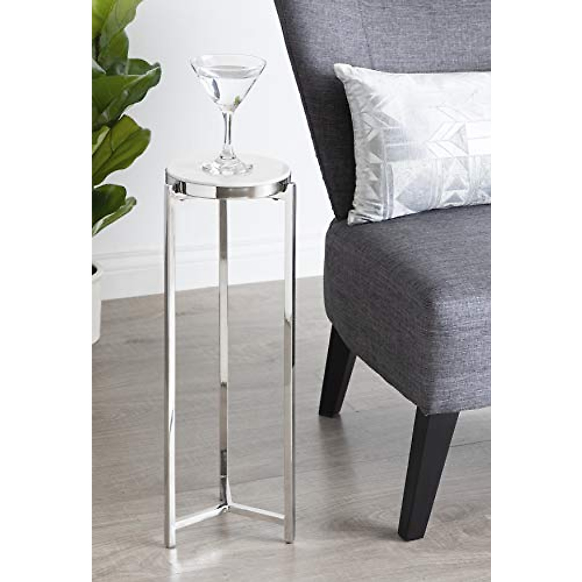 Kate and Laurel Aguilar Glam Drink Table, 8" x 8" x 23", Silver and White, Transitional Tea Table and Plant Stand with Marble Tabletop