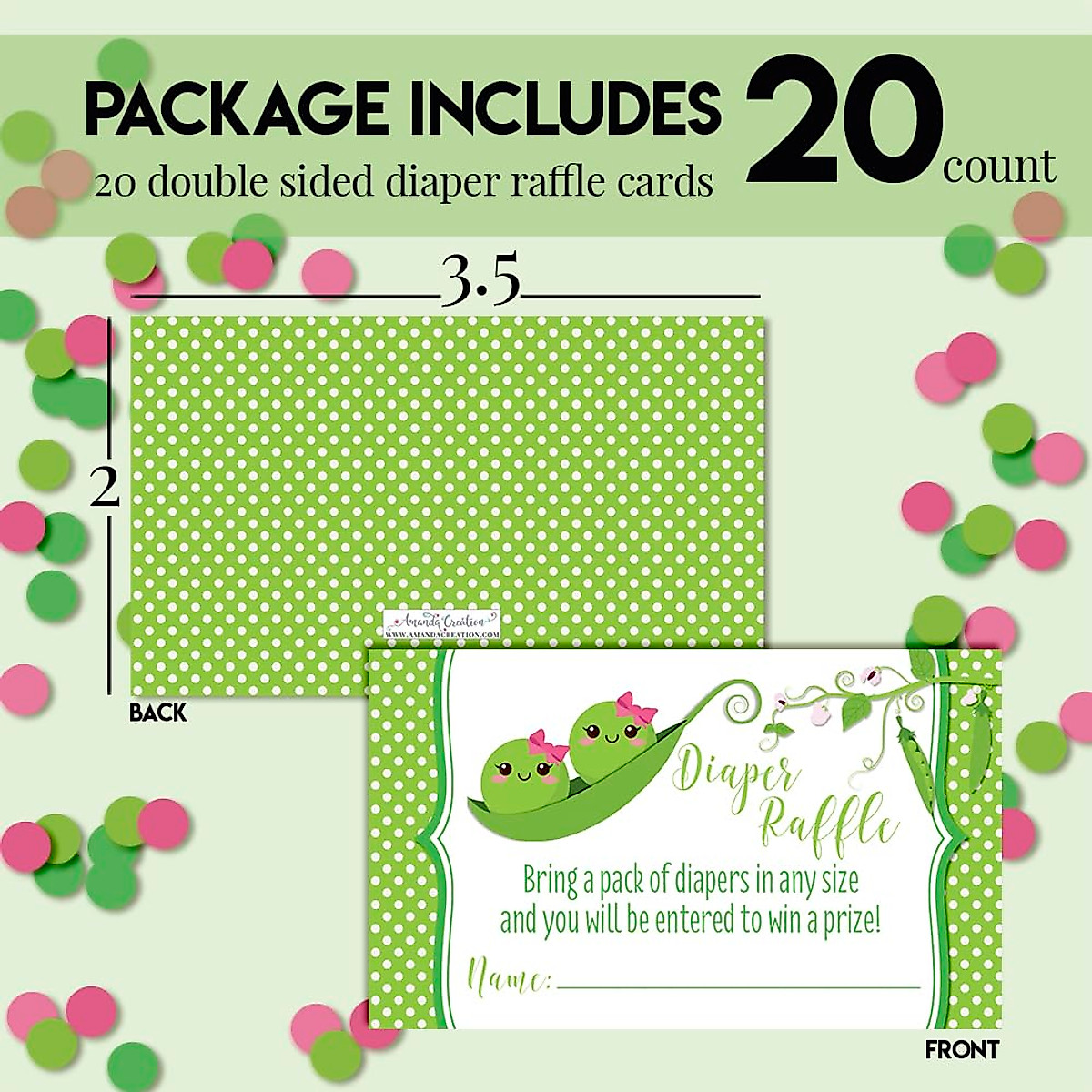 Two Peas In A Pod Twin Girls Diaper Raffle Tickets for Baby Showers, 20 2" X 3” Double Sided Insert Cards for Games by AmandaCreation, Bring a Pack of Diapers to Win Favors & Prizes!