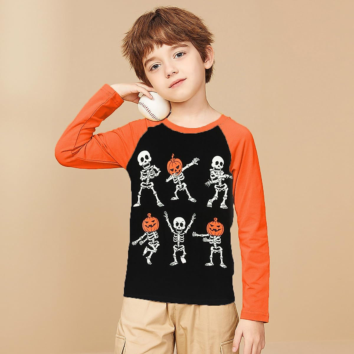 Boys Girls Halloween Shirt Glow-in-The Dark Dancing Skeletons Dance Challenge Kids Halloween Outfit Long Sleeve Pumpkin T-Shirts Size 8 Years