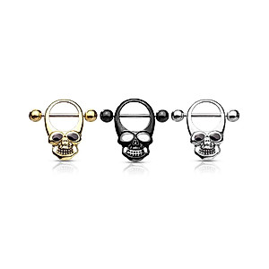 Pierced Owl 14G Stainless Steel Skull Head Nipple Shields, Sold as a Pair (Black)