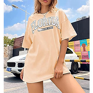 MISSACTIVER Women Florida Letter Graphic Print Tee Shirt Oversized Short Sleeve Crew Neck Drop Shoulder Casual T-Shirt Tops Apricot