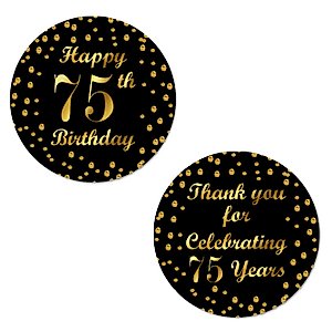 75th Birthday Round 2 Inch Big Glossy Stickers, Thank You for Celebrating 75 Years Black and Gold Labels, Great for Party Favors, Decorations, Tags, Gift Bags and Supplies. Made in USA