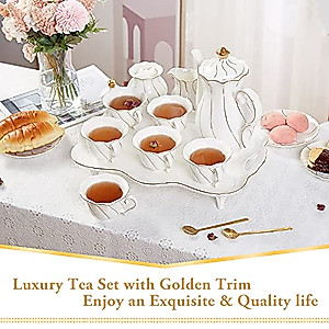 DUJUST 14 pcs Tea Set for 6 with Tea Tray & Spoons, Luxury British Style Tea/Coffee Cup Set with Golden Trim, Beautiful Porcelain Tea Set for Living Room Decor, Tea Party Set, Gift Package - White