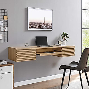 Modway Render Mid-Century Modern, Wall Mount Office Desk, Oak