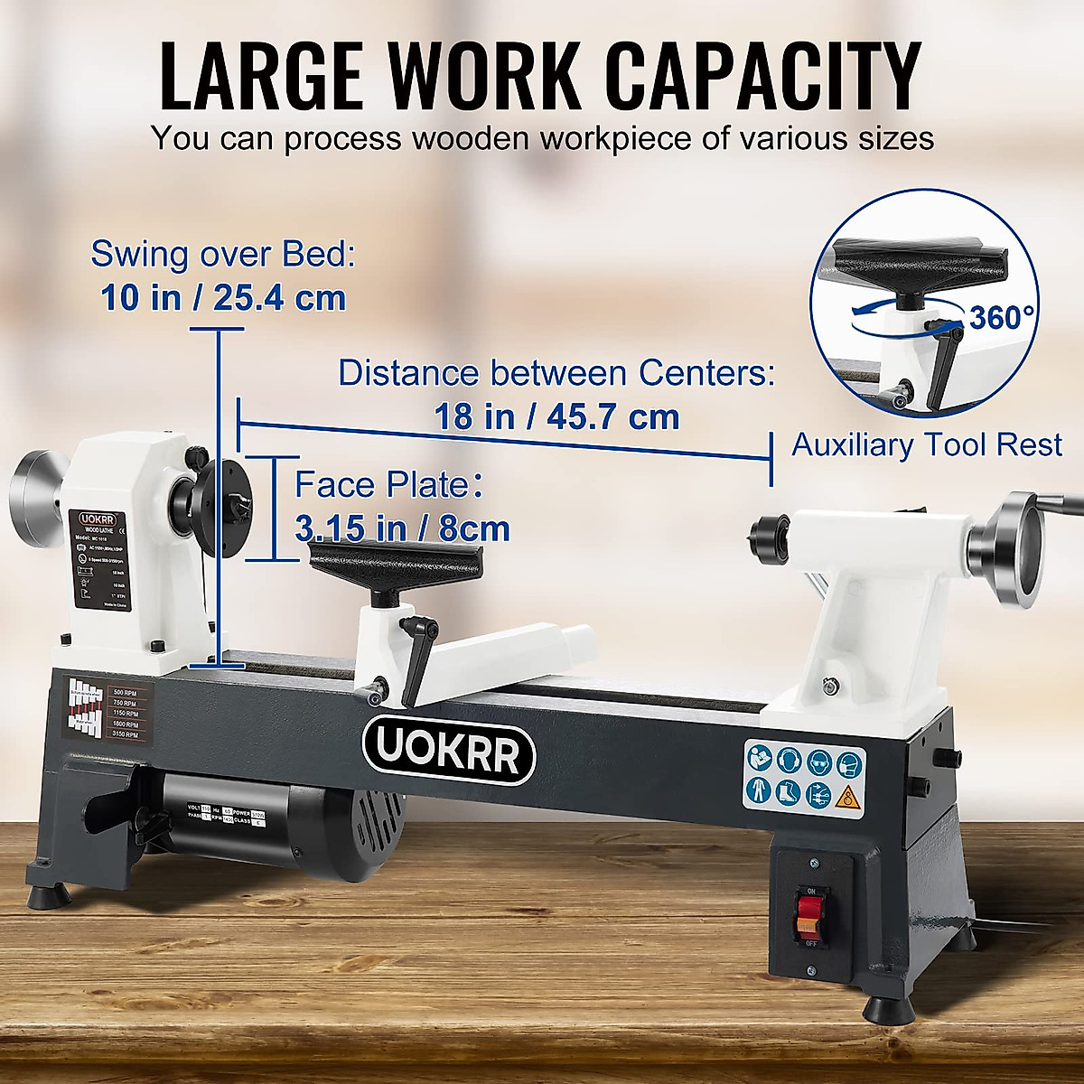 UOKRR Benchtop Wood Lathe 10" x 18" Wood Lathe Machine 5 Variable Speeds 500/750/1150/1800/3200RPM Mini Wood Turning Lathe for Woodworking 1/2HP Multifunctional Power Wood Lathe
