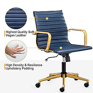 LUXMOD Gold Office Chair in Blue Leather, Mid Back Office Chair with Armrest, Gold and Blue Ergonomic Desk Chair for Back & Lumbar Support, Modern Executive Chair - Blue…