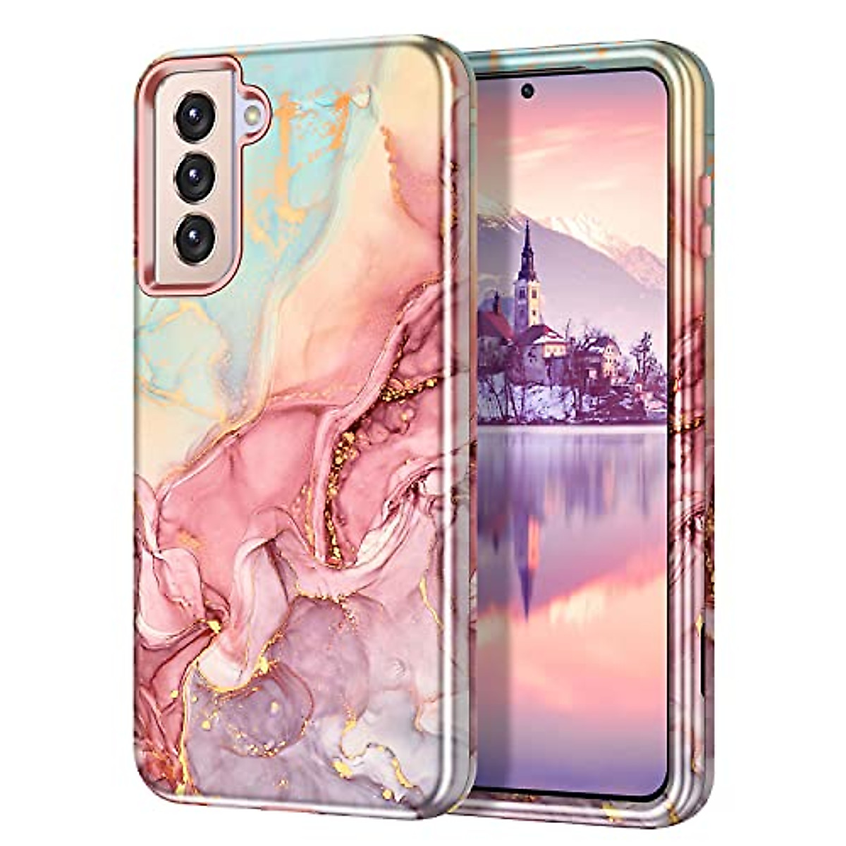 Btscase for Samsung S21 FE 5G 2022 Case, Marble Pattern 3 in 1 Heavy Duty Shockproof Full Body Rugged Hard PC+Soft Silicone Drop Protective Women Girl Cover for Samsung Galaxy S21 FE 5G, Rose Gold