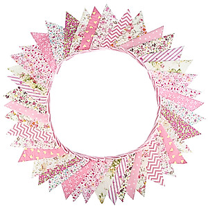 jijAcraft 39Ft Triangle Bunting Banner, 42Pcs Tea Floral Party Bunting Cotton Fabric Flags Pennant Garlands for Birthday Party, Wedding, Baby Shower, Outdoor and Home Decorations (Pink)