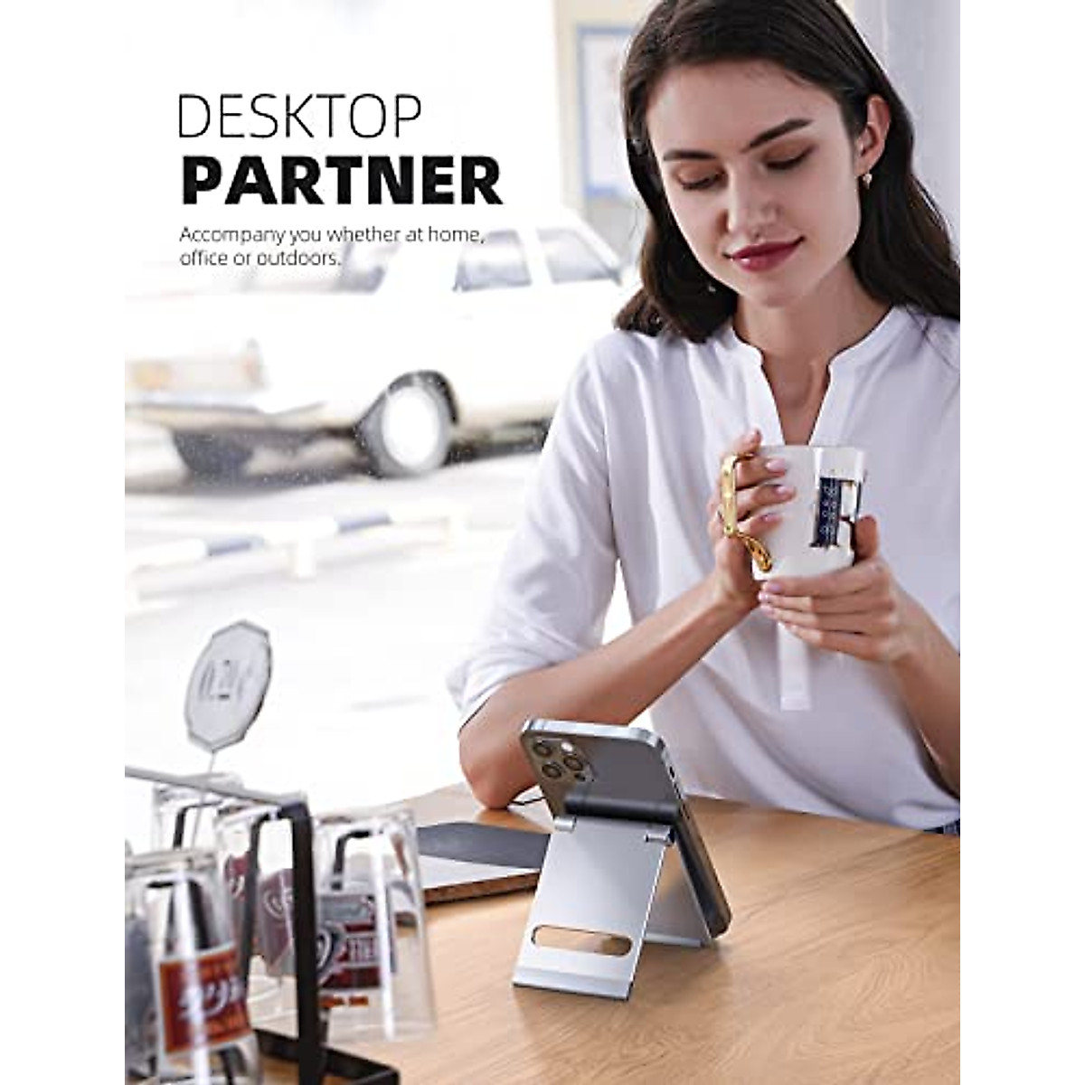 Lamicall Portable Cell Phone Stand - Aluminum Foldable Phone Stand for Desk, Small Pocket Travel Design, Adjustable Mobile Phone Holder for 4-7.2" Cellphone - Sliver