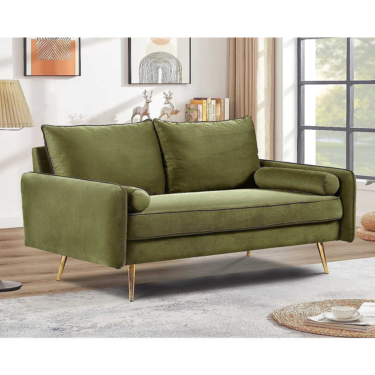 Container Furniture Direct Kent Modern Loveseat, European Style Velvet Living Room Furniture with Tapered Legs, Vintage Flair, and Sleek Design, Love Seat, Olive Green